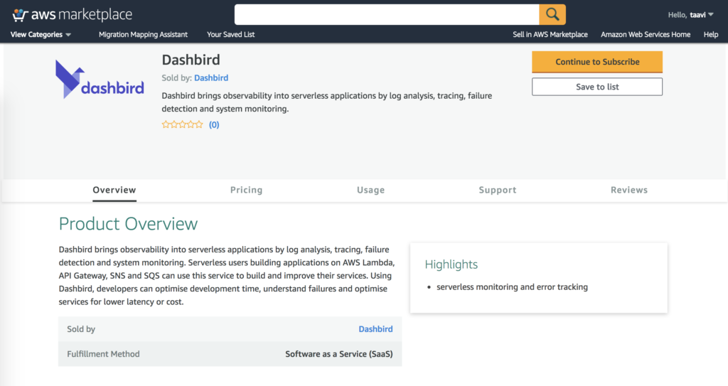 Dashbird now available through AWS Marketplace - Dashbird