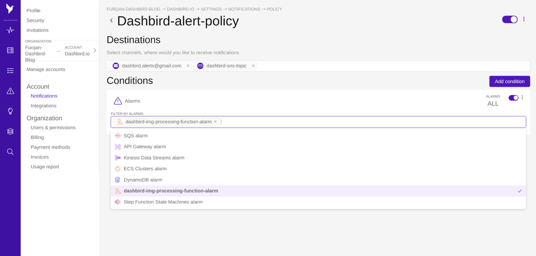 Dashbird Alerting And Policies: User Guide | Docs | Dashbird
